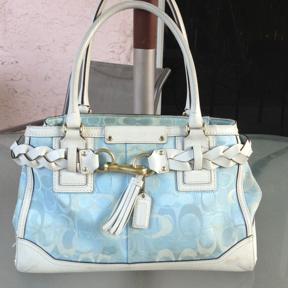 Coach | Bags | Coach Handbag Powder Blue With White Leather | Poshmark