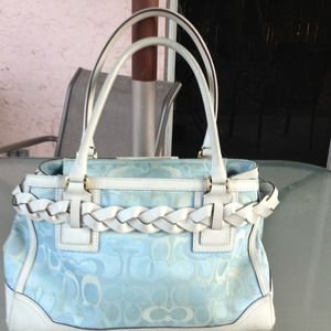 Coach | Bags | Coach Handbag Powder Blue With White Leather | Poshmark