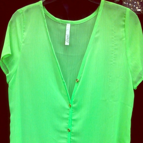 Tops | Nwot Neon Green Sheer Top With Gold Bottoms Sl | Poshmark