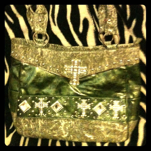 Bags | Sage Green Bling Cross Leather Purse | Poshmark