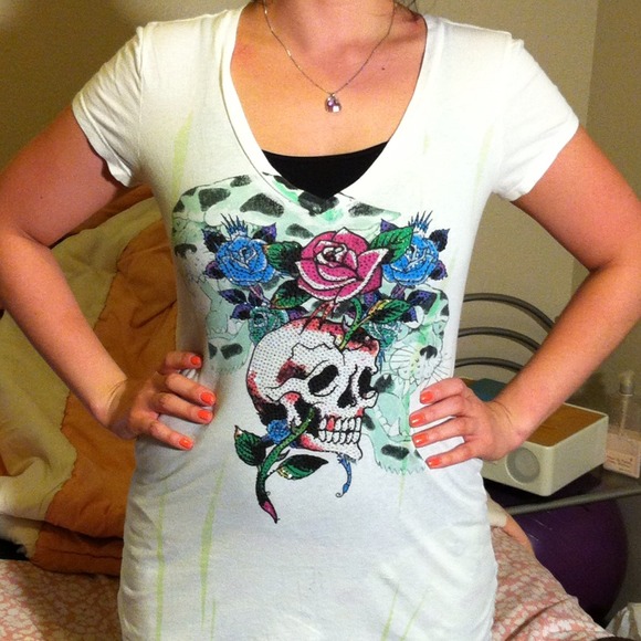 Ed Hardy | Tops | Authentic Ed Hardy Rhinestone Vneck Tshirt | Poshmark