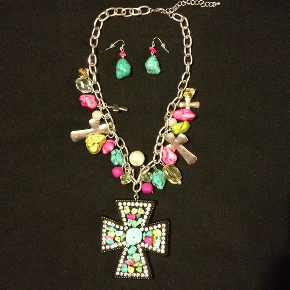 Jewelry | Bright Colorful Cross Necklace And Earring Set | Poshmark