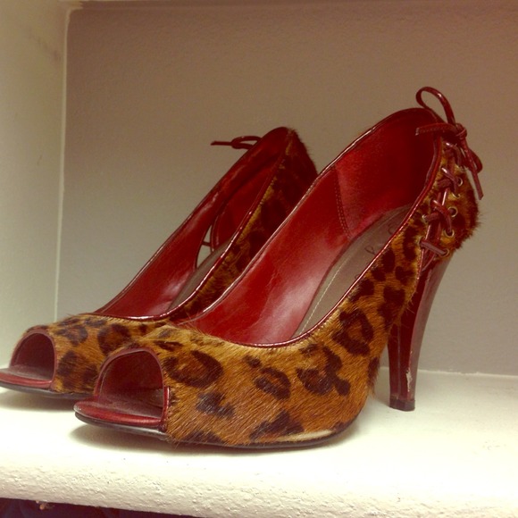 Shoes | Leopard Print Red Leather Fergie Peeptoes | Poshmark