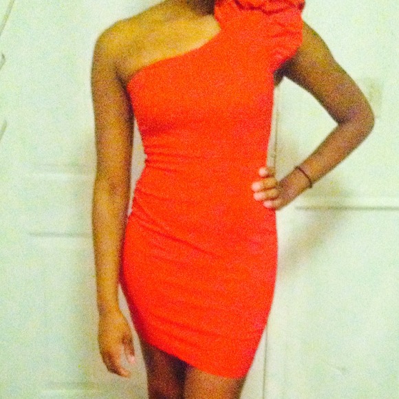 Dresses | Red One Arm Dress With Bow Ruffle On Shoulder | Poshmark