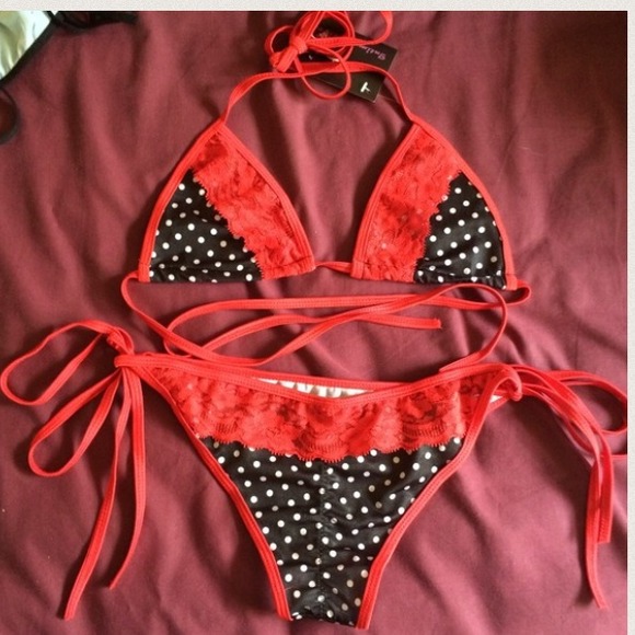 Swim Super Hot Polka Dot Bikini With Red Lace Poshmark