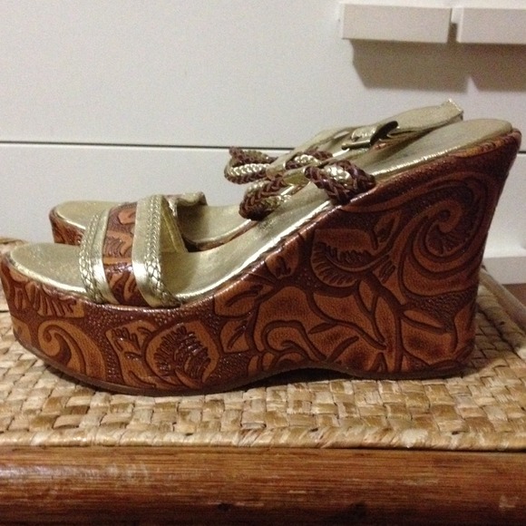 Shoes | Gold Leather And Wood Wedges Only Worn 2x | Poshmark