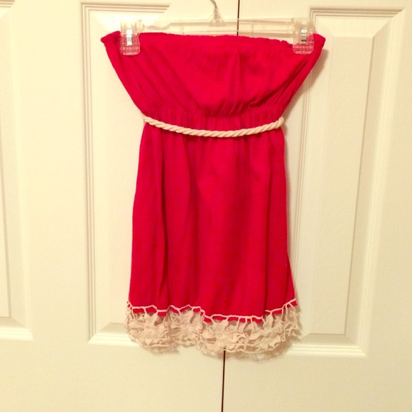 Tops | Red Flowy Tube Top With Rope Belt And Lace Accent | Poshmark