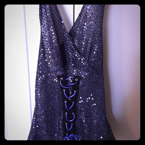 Tops | Sparkly Blue Disco Halter Top With Corset Front | Poshmark