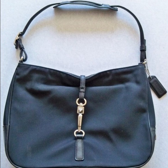 Coach | Bags | Coach Black Canvas Leather Foldover Clasp Handbag | Poshmark