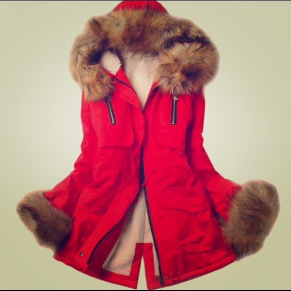 Jackets & Coats | Wadded Red Winter Jacket With Fur Cuffs And Hood ...