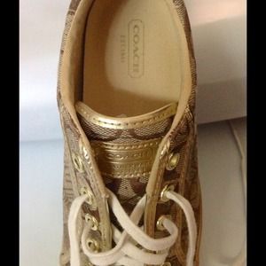 Coach | Shoes | Coach Gold And Tan Canvas Leather Tennis Shoes | Poshmark