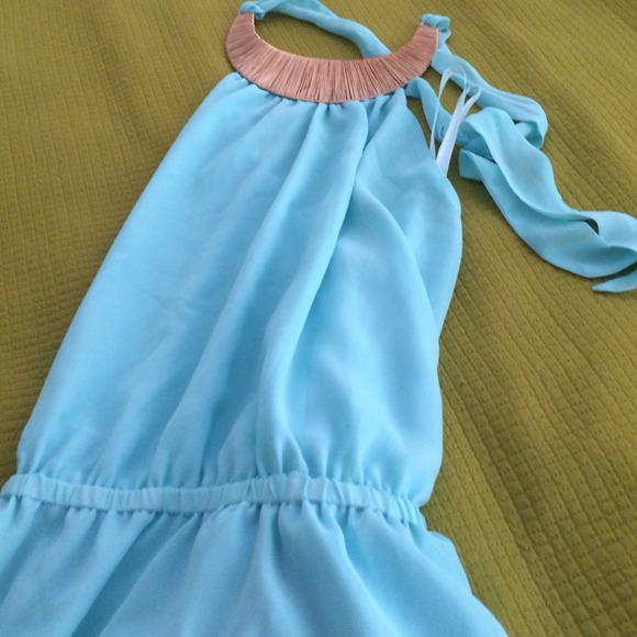 2B Bebe | Dresses | 2b Bebe Aqua Halter Dress W Gold Neckline | Poshmark