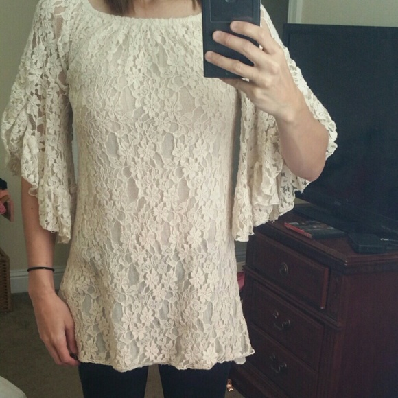 Elan | Tops | Elan Cream Colored Lace On Or Off Shoulder Tunic | Poshmark