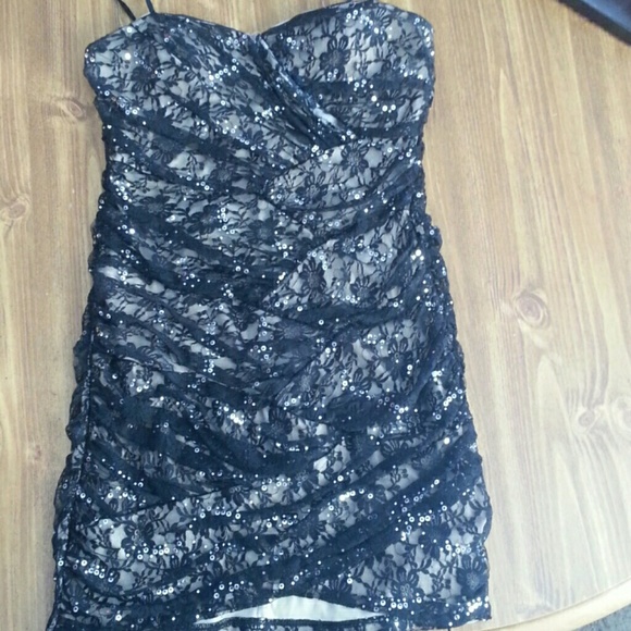 City Triangles | Dresses | Tan Dress Strapless Dress With Black Lace ...