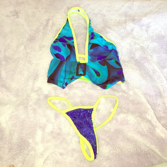Swim | Blue Neon Yellow Halter Thong Bikini Tankini | Poshmark