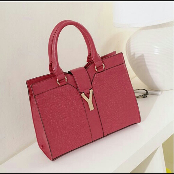 Bags | Solid Color Crocodile Leather Satchel Rose Red | Poshmark