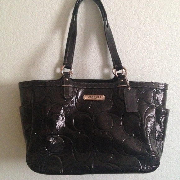 Coach | Bags | Coach Signature Embossed Black Patent Leather Tote ...