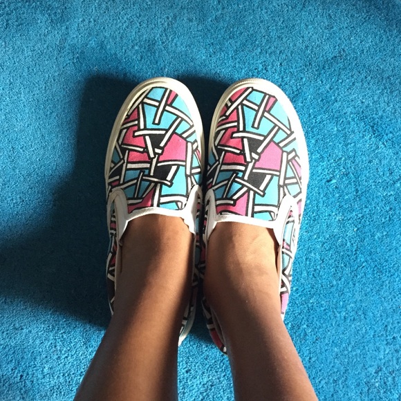 Shoes | Funky Pink And Blue Vansstyle Slip On Shoes | Poshmark