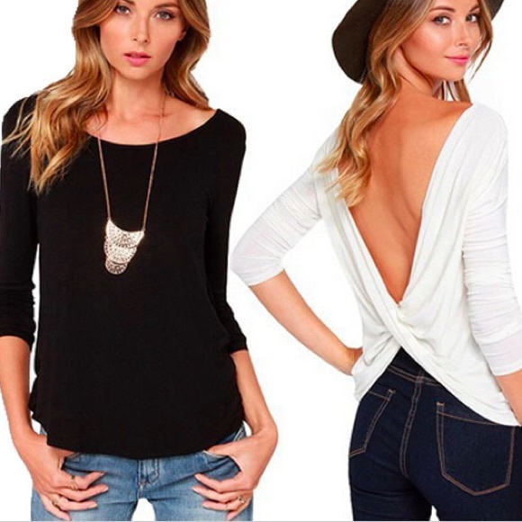 Tops | New Long Sleeve Open Twist Back Top In Black | Poshmark