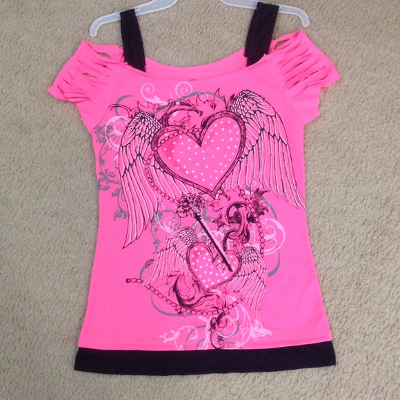 Wound up | Tops | Angel Winged Heart Neon Pink Top | Poshmark