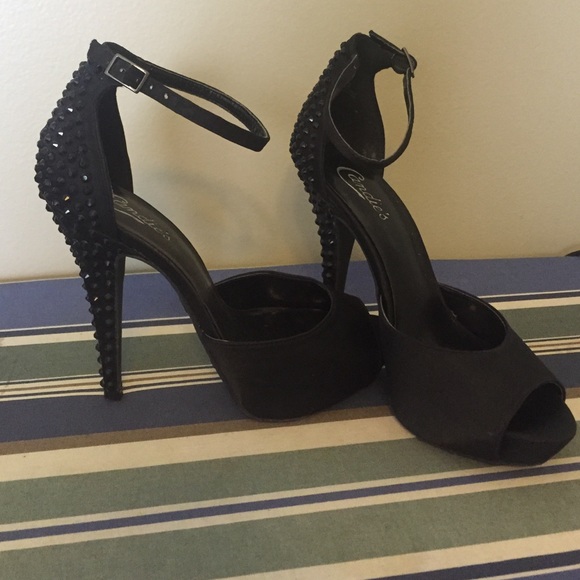 Candie's | Shoes | Candies Black Satin Rhinestone Studded Heel | Poshmark