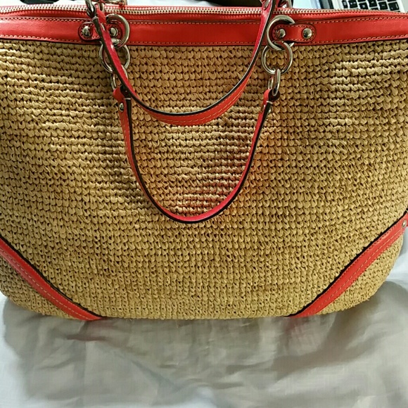 Coach | Bags | Coach Straw Handbag With Tangerine Leather | Poshmark