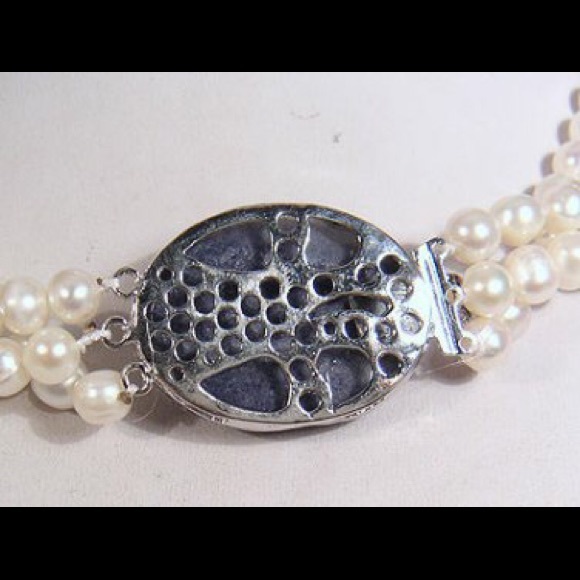 Jewelry | Three String Pearl Necklace Beautiful Blue Clasp | Poshmark