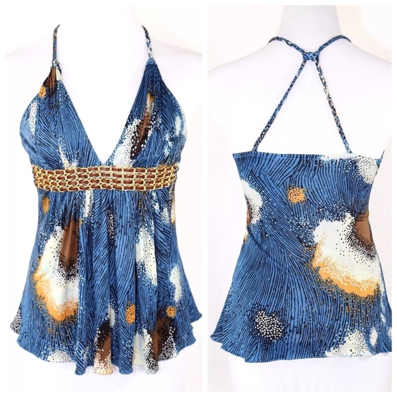 Sky | Tops | Sky Blue With Gold Brown Leather Chain Top D | Poshmark