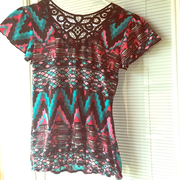Tops | Colorful Top With Black Lace On Back | Poshmark