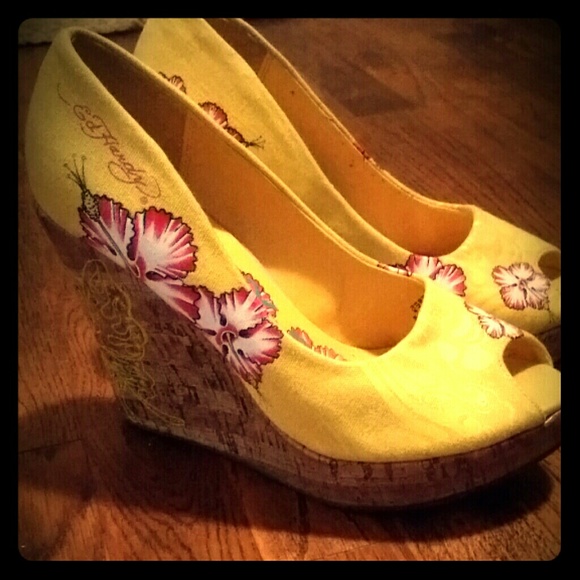 Ed Hardy | Shoes | Yellow Ed Hardy Floral Cork Wedge Sandals | Poshmark