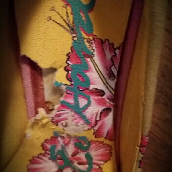 Ed Hardy | Shoes | Yellow Ed Hardy Floral Cork Wedge Sandals | Poshmark