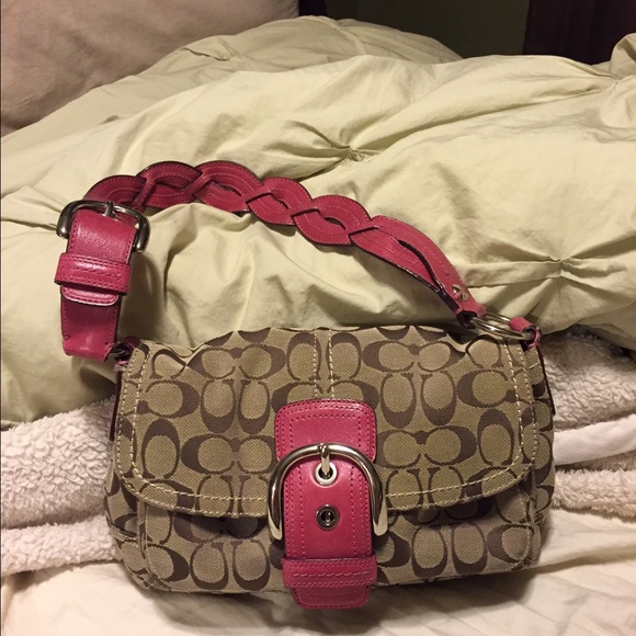 Coach | Bags | Coach Purse Tan C Pattern Wpink Leather Accents | Poshmark
