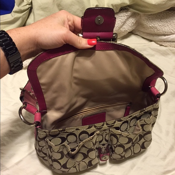 Coach | Bags | Coach Purse Tan C Pattern Wpink Leather Accents | Poshmark