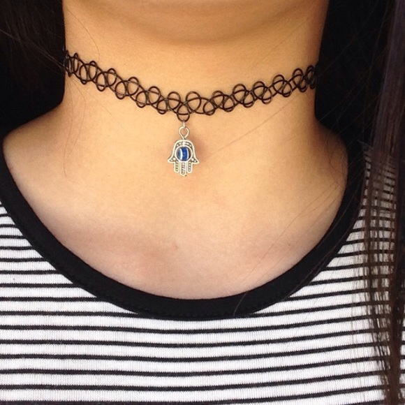 Jewelry | Blue Eye Hamsa Hand Tattoo Choker Necklace | Poshmark