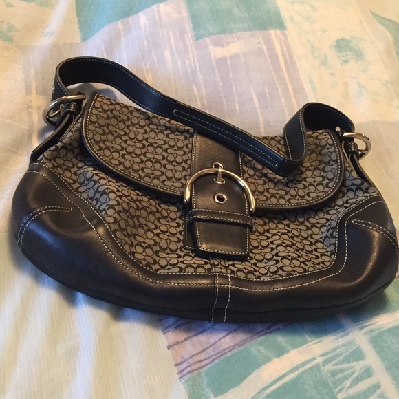 Coach | Bags | Coach Cc Logo Fabric Black Leather Shoulder Bag | Poshmark