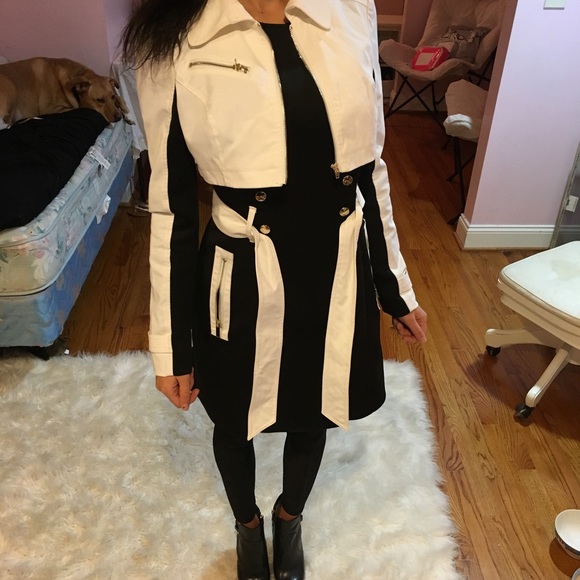bebe | Jackets & Coats | Black And White Bebe Coat With Gold Accents ...