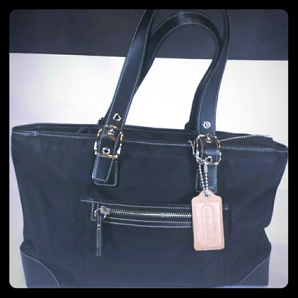 Coach | Bags | Coach Signature Black Nylon Leather Tote Bag | Poshmark