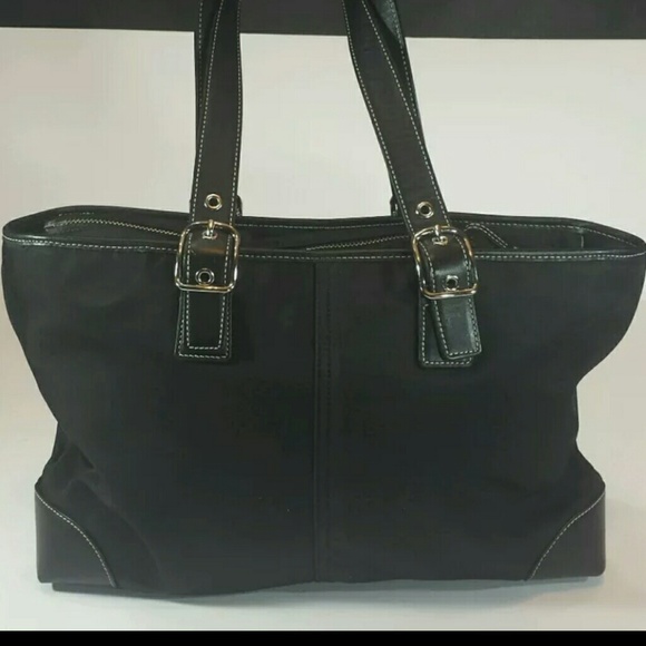 Coach | Bags | Coach Signature Black Nylon Leather Tote Bag | Poshmark