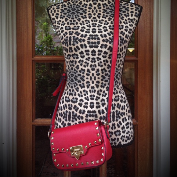 Bags | Nwt Red Pyramid Studded Crossbody Handbag | Poshmark