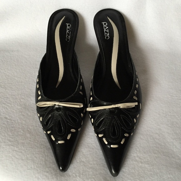 PAZZO | Shoes | Pazzo Black White Leather Kitten Heels Mules 8 | Poshmark