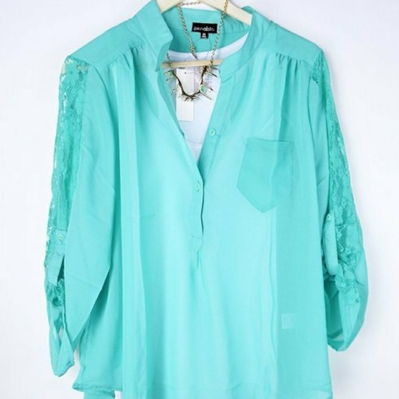 Tops | Sale 1xl Mint Delight Turquoise Lace Sheer Blouse | Poshmark