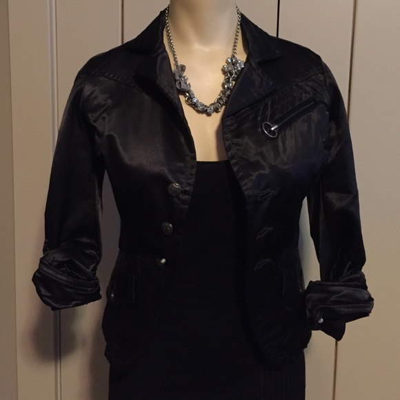Black Satin Jacket / Embroidered Details - Gem