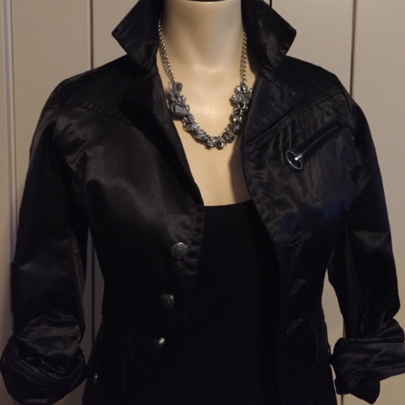 Black Satin Jacket / Embroidered Details - Gem