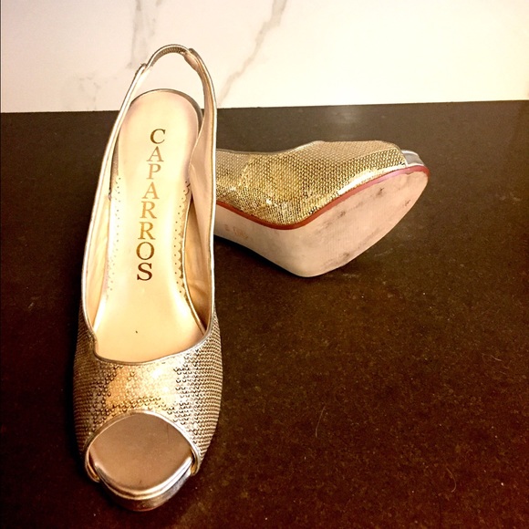 Caparros | Shoes | Caparros Gold Sequin Peep Toe Sling Back Heels ...