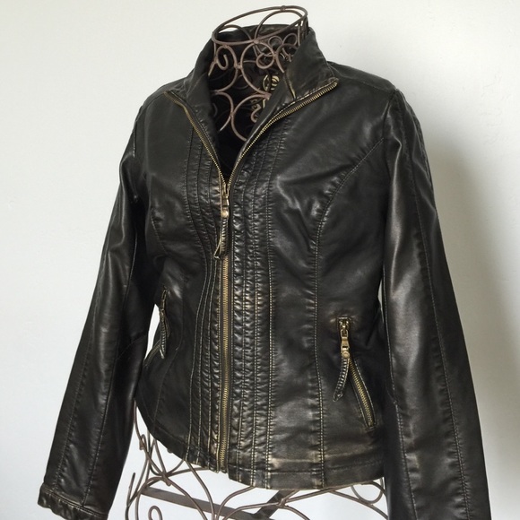 Dark Brown Faux Leather Motto Jacket - Gem