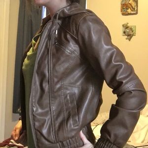 PacSun | Jackets & Coats | Brown Faux Leather Hooded Jacket Sound ...