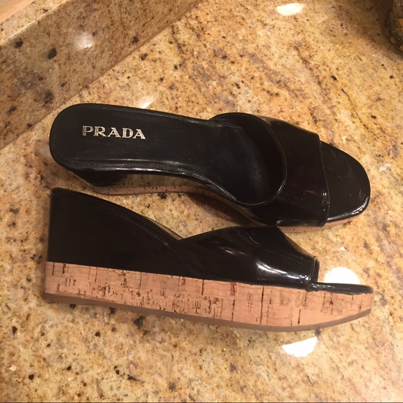 Prada | Shoes | Prada Black Patent And Cork Slides | Poshmark