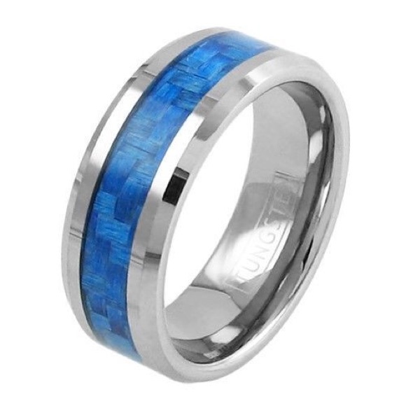 Jewelry | Blue Carbon Fiber Ring In Silver Tone Tungsten | Poshmark