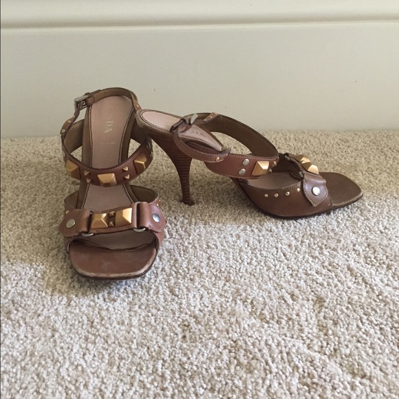 Prada | Shoes | Prada Tan Studded Heeled Sandals | Poshmark
