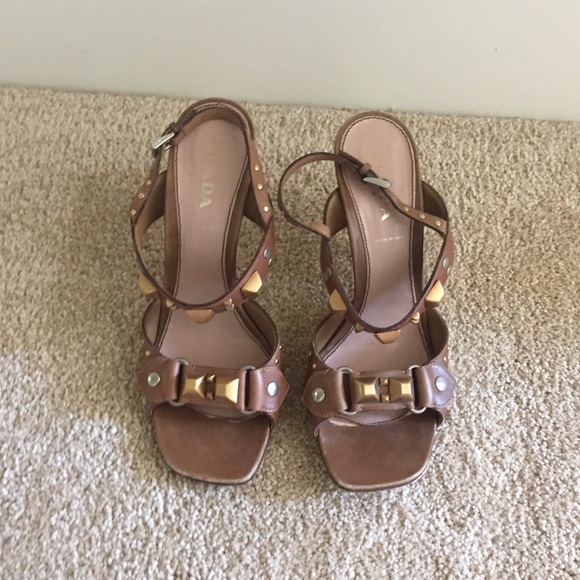 Prada | Shoes | Prada Tan Studded Heeled Sandals | Poshmark